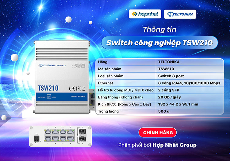 Switch công nghiệp 8 port 10/100/1000Mbps TSW210 hãng TELTONIKA giá tốt